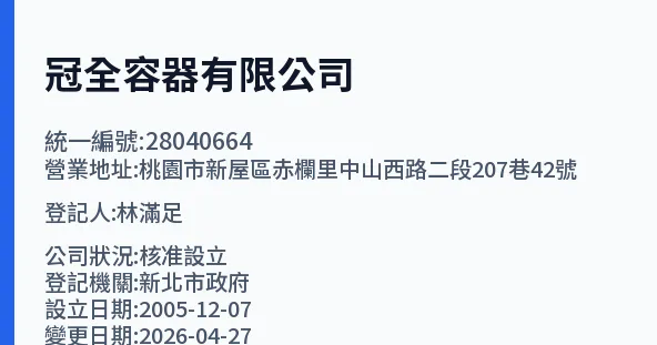 冠全容器有限公司的照片-統編 28040664(桃園市) 公司登記資料與營業項目詳細圖表