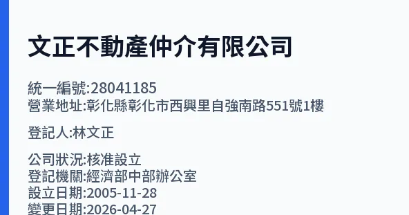 文正不動產仲介有限公司的照片-統編 28041185(彰化縣) 公司登記資料與營業項目詳細圖表
