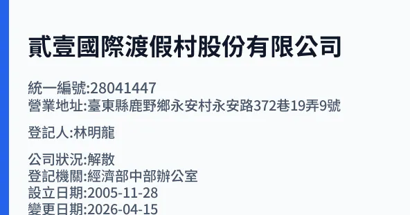 貳壹國際渡假村股份有限公司的照片-統編 28041447(臺東縣) 公司登記資料與營業項目詳細圖表