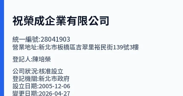祝榮成企業有限公司的照片-統編 28041903(新北市) 公司登記資料與營業項目詳細圖表