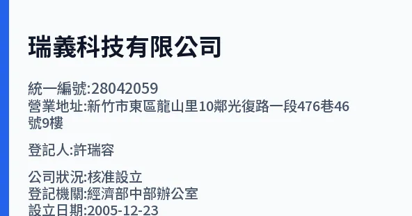 瑞義科技有限公司的照片-統編 28042059(新竹市) 公司登記資料與營業項目詳細圖表