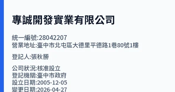 專誠開發實業有限公司的照片-統編 28042207(臺中市) 公司登記資料與營業項目詳細圖表