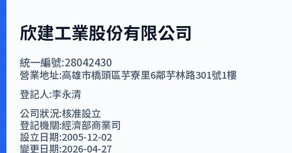 欣建工業股份有限公司的照片-統編 28042430(高雄市) 公司登記資料與營業項目詳細圖表