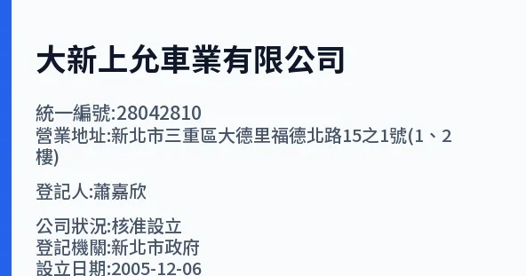 大新上允車業有限公司的照片-統編 28042810(新北市) 公司登記資料與營業項目詳細圖表