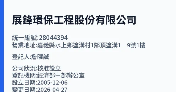 展鋒環保工程股份有限公司的照片-統編 28044394(嘉義縣) 公司登記資料與營業項目詳細圖表