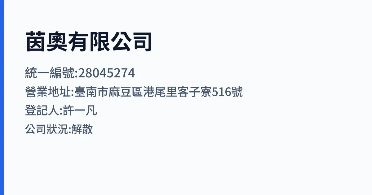 茵奧有限公司 - 統編 28045274(臺南市) 公司登記資料與營業項目詳細圖表