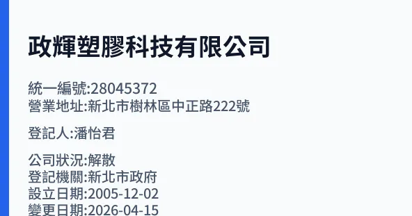 政輝塑膠科技有限公司的照片-統編 28045372(新北市) 公司登記資料與營業項目詳細圖表