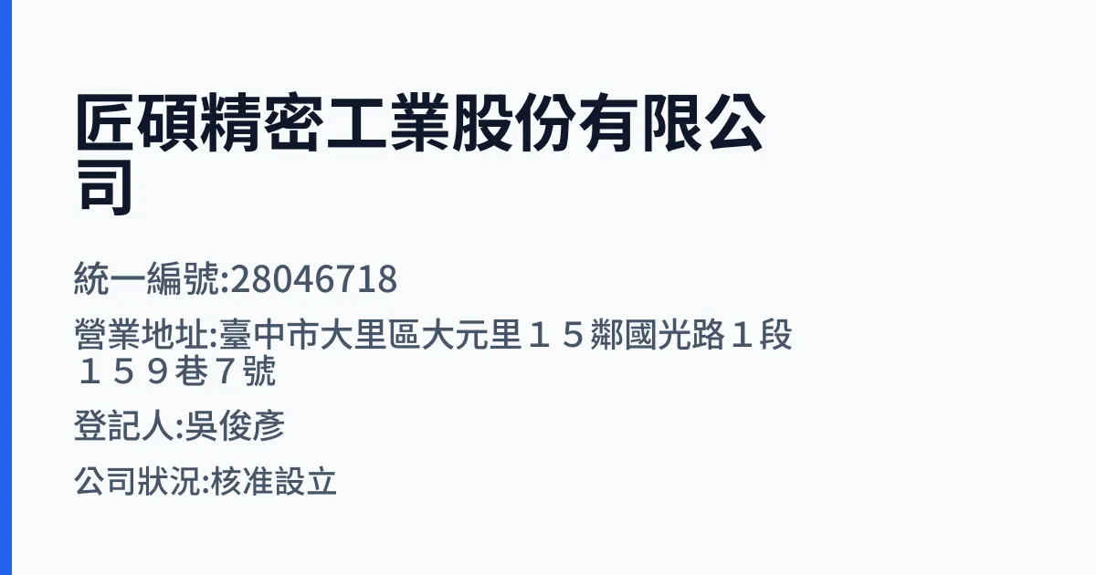 匠碩精密工業股份有限公司 - 統編 28046718(臺中市) 公司登記資料與營業項目詳細圖表