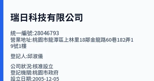 瑞日科技有限公司的照片-統編 28046793(桃園市) 公司登記資料與營業項目詳細圖表