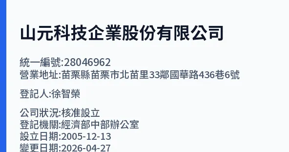 山元科技企業股份有限公司的照片-統編 28046962(苗栗縣) 公司登記資料與營業項目詳細圖表