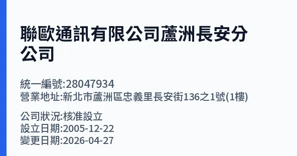 聯歐通訊有限公司蘆洲長安分公司的照片-統編 28047934(新北市) 公司登記資料與營業項目詳細圖表