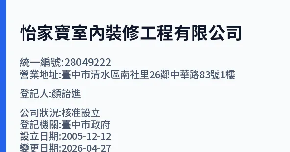 怡家寶室內裝修工程有限公司的照片-統編 28049222(臺中市) 公司登記資料與營業項目詳細圖表
