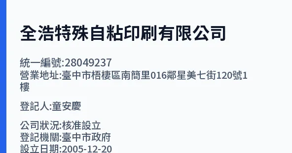 全浩特殊自粘印刷有限公司的照片-統編 28049237(臺中市) 公司登記資料與營業項目詳細圖表