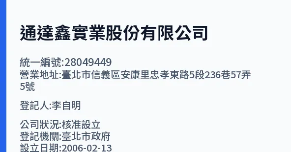 通達鑫實業股份有限公司的照片-統編 28049449(臺北市) 公司登記資料與營業項目詳細圖表