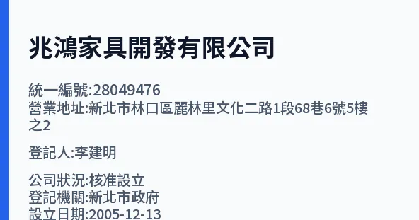 兆鴻家具開發有限公司的照片-統編 28049476(新北市) 公司登記資料與營業項目詳細圖表
