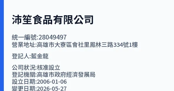 沛笙食品有限公司的照片-統編 28049497(高雄市) 公司登記資料與營業項目詳細圖表