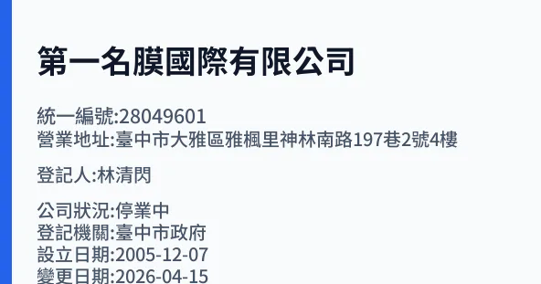 第一名膜國際有限公司的照片-統編 28049601(臺中市) 公司登記資料與營業項目詳細圖表