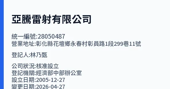亞騰雷射有限公司的照片-統編 28050487(彰化縣) 公司登記資料與營業項目詳細圖表