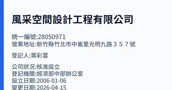 風采空間設計工程有限公司的照片-統編 28050971(新竹縣) 公司登記資料與營業項目詳細圖表
