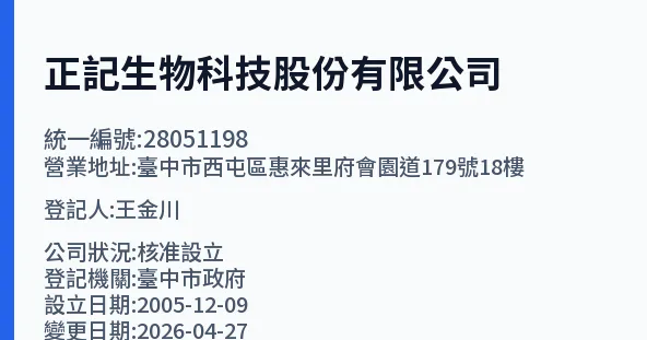 正記生物科技股份有限公司的照片-統編 28051198(臺中市) 公司登記資料與營業項目詳細圖表