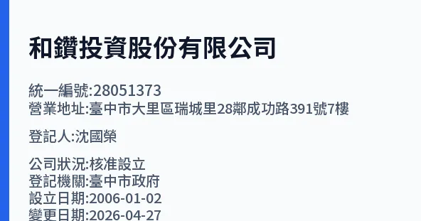 和鑽投資股份有限公司的照片-統編 28051373(臺中市) 公司登記資料與營業項目詳細圖表