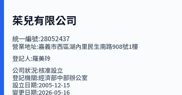 茱兒有限公司的照片-統編 28052437(嘉義市) 公司登記資料與營業項目詳細圖表