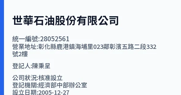 世華石油股份有限公司的照片-統編 28052561(彰化縣) 公司登記資料與營業項目詳細圖表