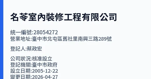 名苓室內裝修工程有限公司的照片-統編 28054272(臺中市) 公司登記資料與營業項目詳細圖表