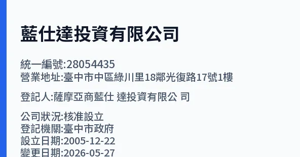 藍仕達投資有限公司的照片-統編 28054435(臺中市) 公司登記資料與營業項目詳細圖表