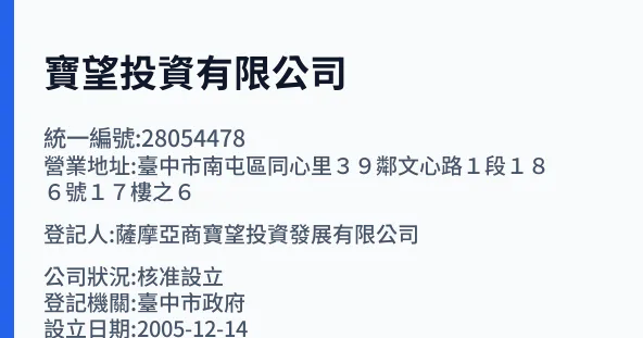 寶望投資有限公司的照片-統編 28054478(臺中市) 公司登記資料與營業項目詳細圖表