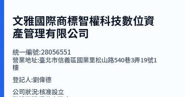 文雅國際商標智權科技數位資產管理有限公司的照片-統編 28056551(臺北市) 公司登記資料與營業項目詳細圖表