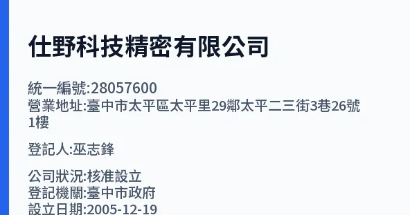仕野科技精密有限公司的照片-統編 28057600(臺中市) 公司登記資料與營業項目詳細圖表