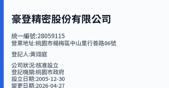 豪登精密股份有限公司的照片-統編 28059115(桃園市) 公司登記資料與營業項目詳細圖表