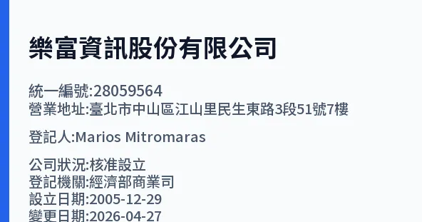 樂富資訊股份有限公司的照片-統編 28059564(臺北市) 公司登記資料與營業項目詳細圖表