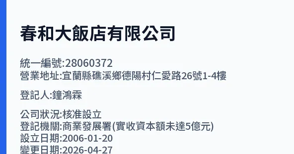 春和大飯店有限公司的照片-統編 28060372(宜蘭縣) 公司登記資料與營業項目詳細圖表