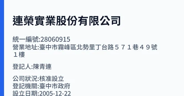 連榮實業股份有限公司的照片-統編 28060915(臺中市) 公司登記資料與營業項目詳細圖表