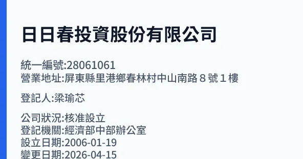 日日春投資股份有限公司的照片-統編 28061061(屏東縣) 公司登記資料與營業項目詳細圖表