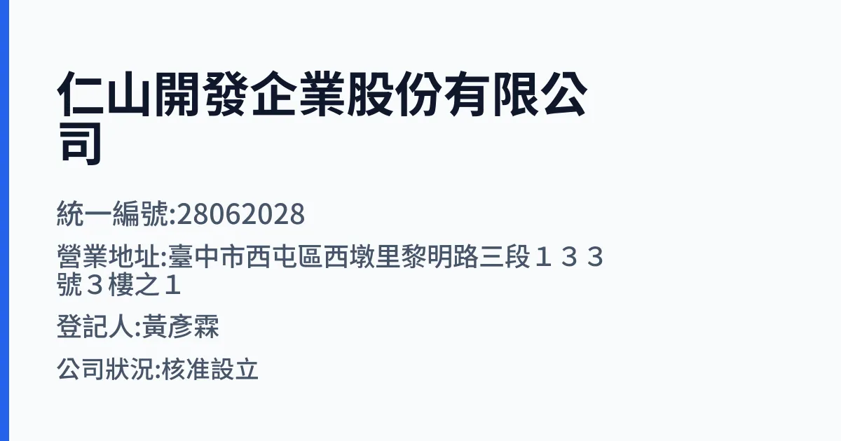 仁山開發企業股份有限公司 - 統編 28062028(臺中市) 公司登記資料與營業項目詳細圖表