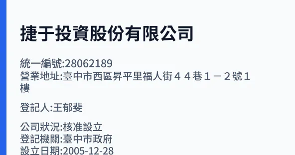 捷于投資股份有限公司的照片-統編 28062189(臺中市) 公司登記資料與營業項目詳細圖表