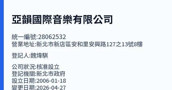 亞韻國際音樂有限公司的照片-統編 28062532(新北市) 公司登記資料與營業項目詳細圖表