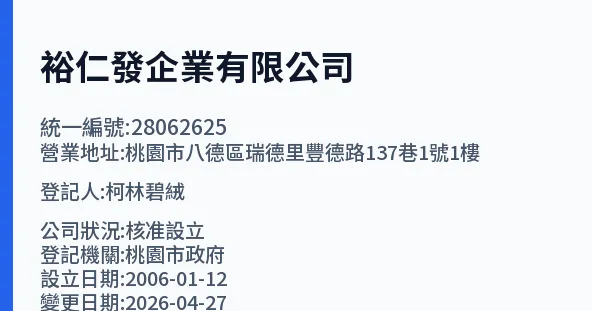 裕仁發企業有限公司的照片-統編 28062625(桃園市) 公司登記資料與營業項目詳細圖表