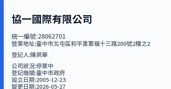 協一國際有限公司的照片-統編 28062701(臺中市) 公司登記資料與營業項目詳細圖表