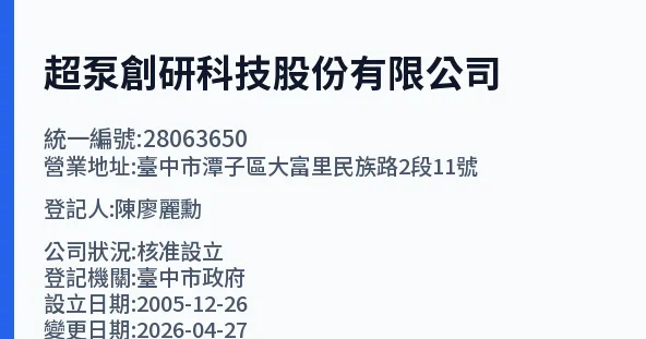 超泵創研科技股份有限公司的照片-統編 28063650(臺中市) 公司登記資料與營業項目詳細圖表