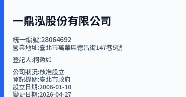 一鼎泓股份有限公司的照片-統編 28064692(臺北市) 公司登記資料與營業項目詳細圖表