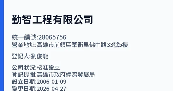 勤智工程有限公司的照片-統編 28065756(高雄市) 公司登記資料與營業項目詳細圖表