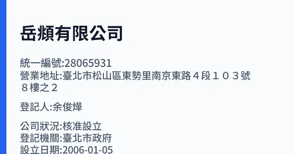岳頫有限公司的照片-統編 28065931(臺北市) 公司登記資料與營業項目詳細圖表
