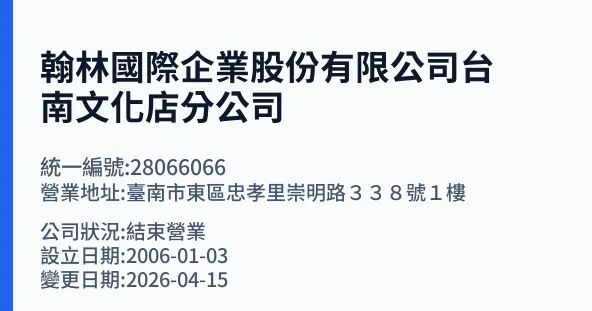 翰林國際企業股份有限公司台南文化店分公司的照片-統編 28066066(臺南市) 公司登記資料與營業項目詳細圖表