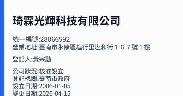 琦霖光輝科技有限公司的照片-統編 28066592(臺南市) 公司登記資料與營業項目詳細圖表