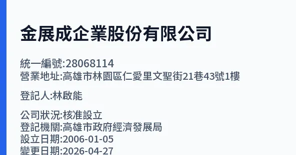 金展成企業股份有限公司的照片-統編 28068114(高雄市) 公司登記資料與營業項目詳細圖表