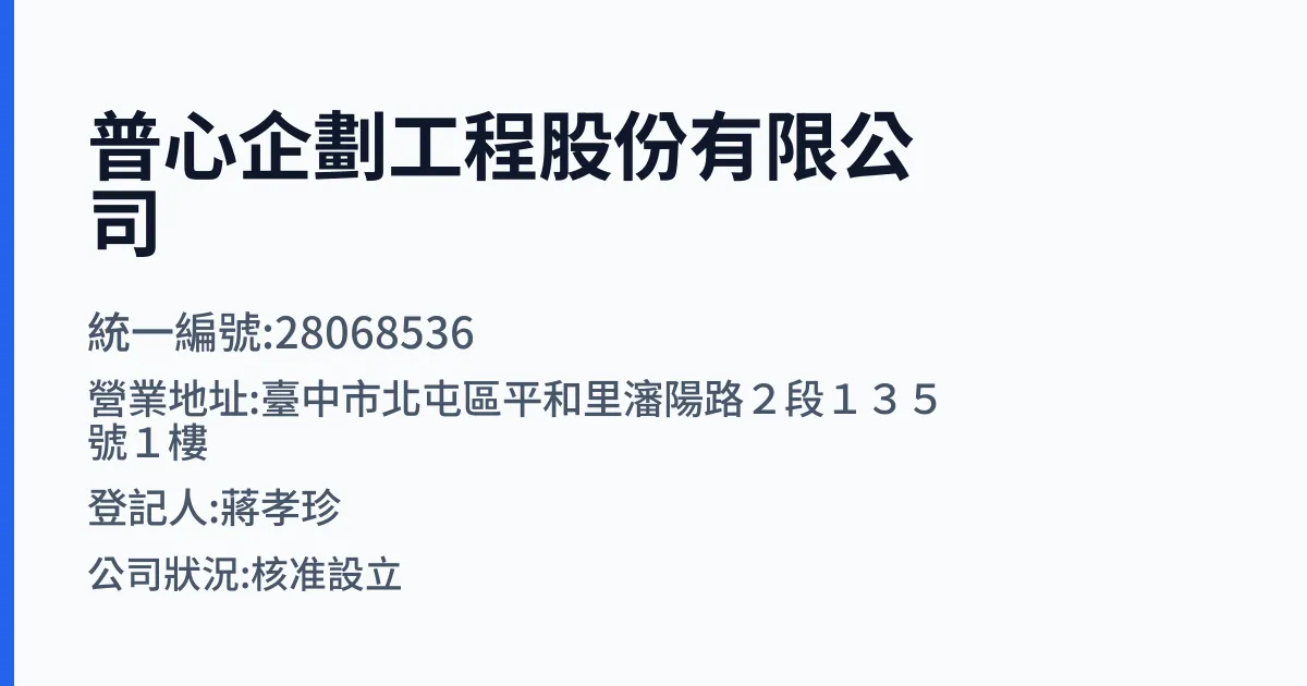 普心企劃工程股份有限公司 - 統編 28068536(臺中市) 公司登記資料與營業項目詳細圖表